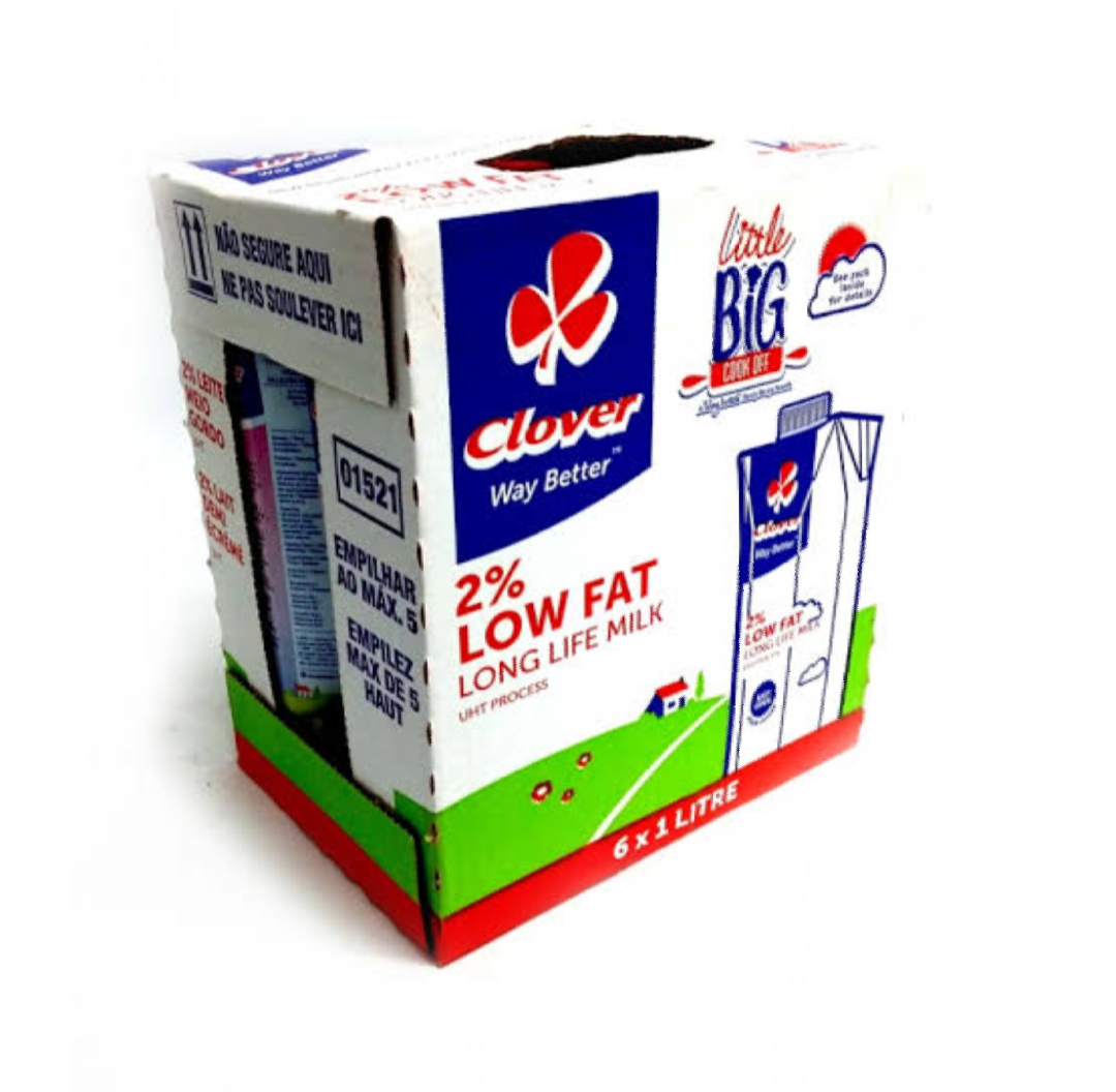 6 x 1 litre Clover UHT Long Life 2% Low Fat Milk – AirStall